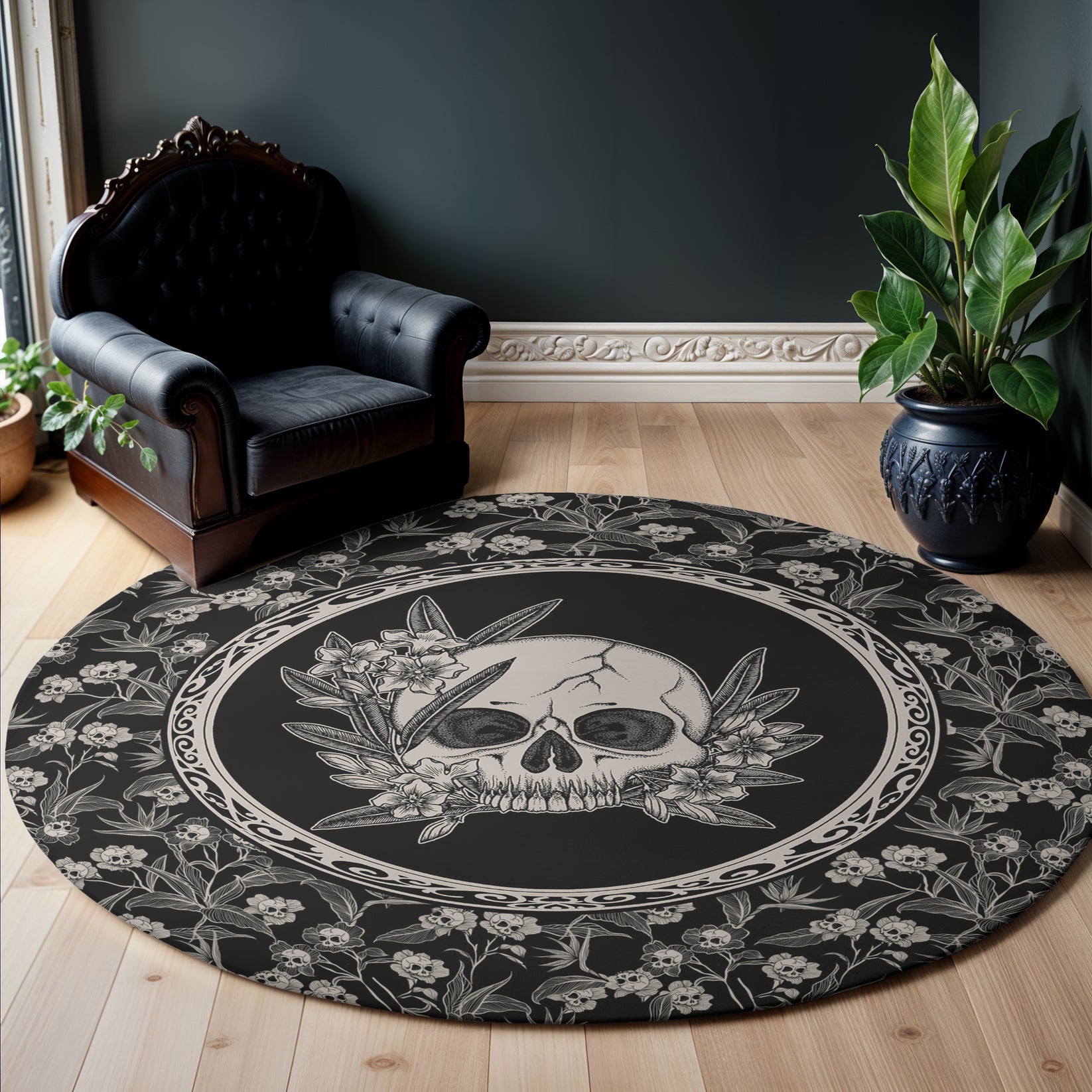 Gothic Floral Skull Round Rug – Red Finch Creations